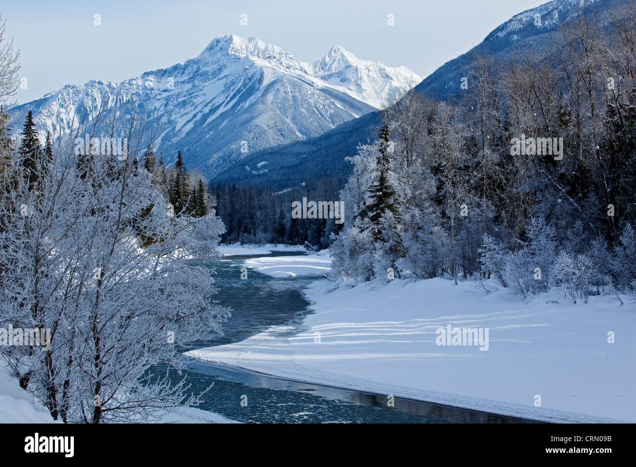A winter scene along the Illecillewaet River, British Columbia, Canada ...