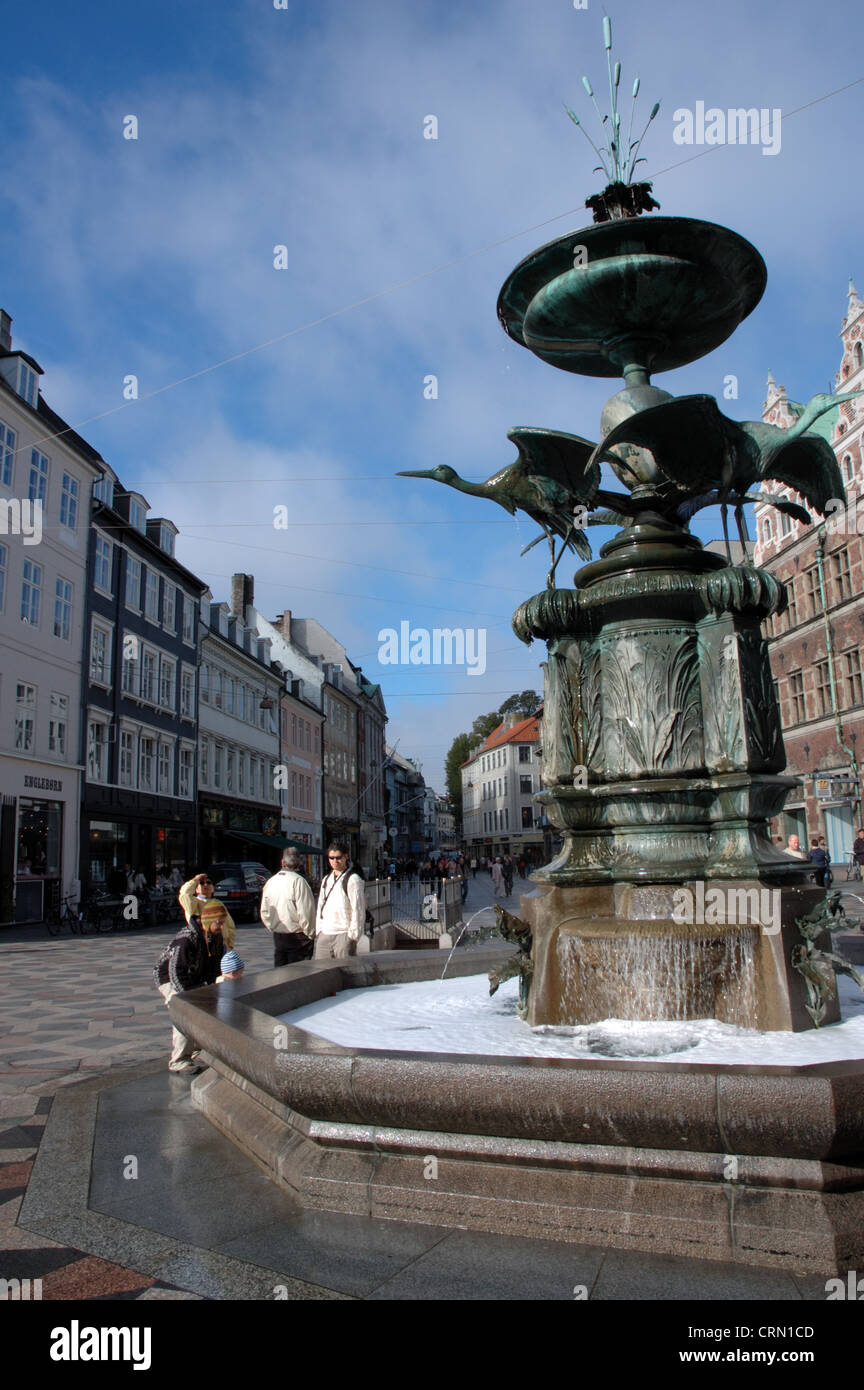 Stork fountain in Amagertorv pedestrian precinct, Copenhagen, Denmark ...