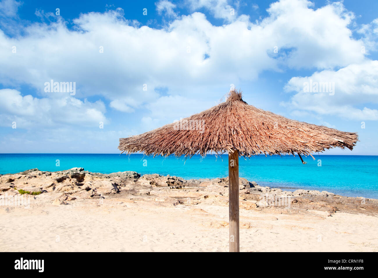 Balearic Formentera island with umbrella dried grass sunroof in ...