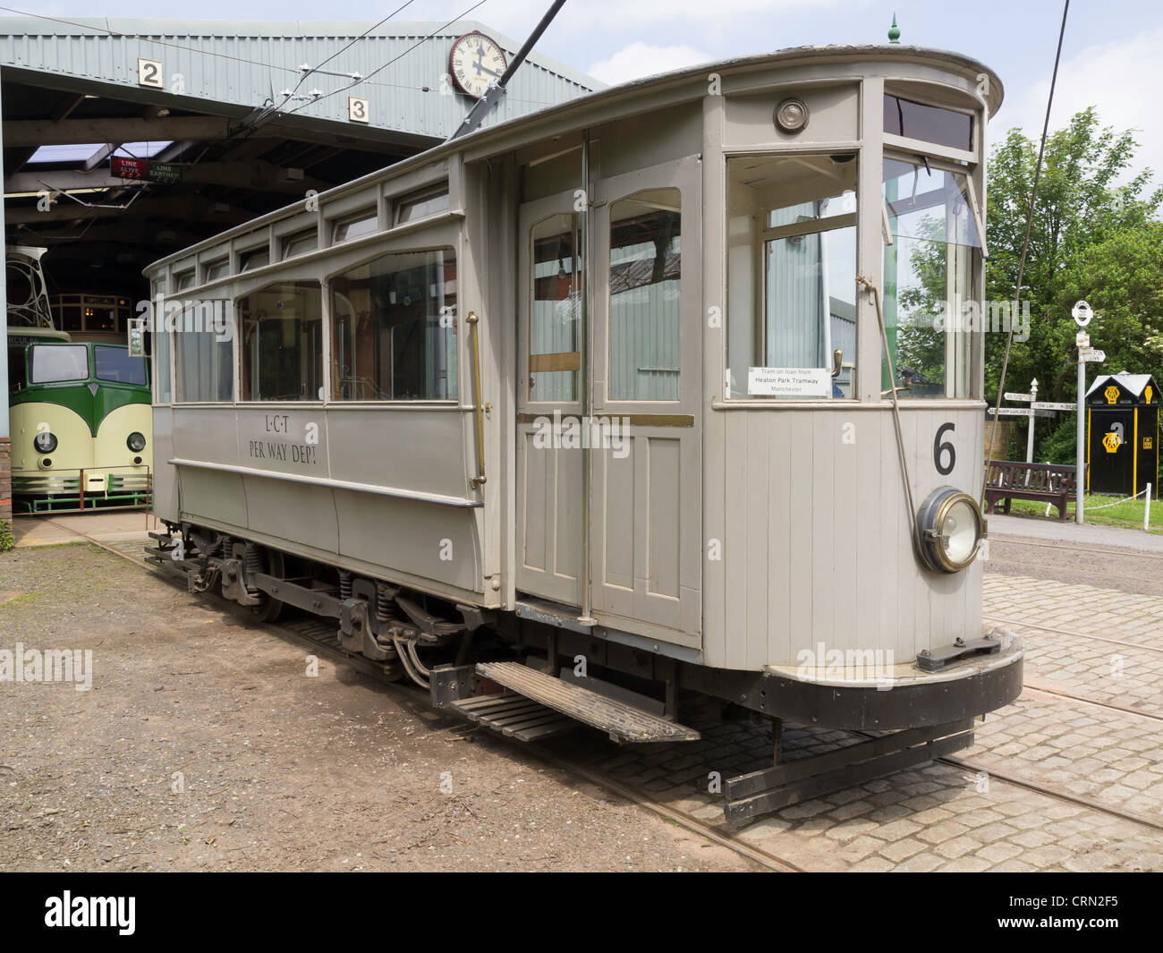 A small single deck Tram No.6 outside the Tram Depot at Beamish Museum ...