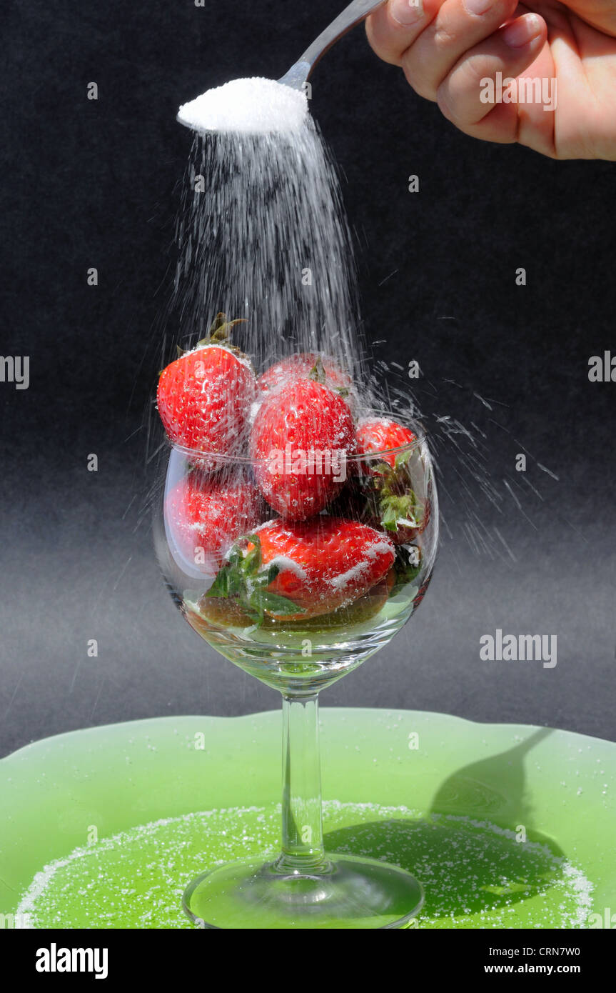 Sprinkling granulated sugar onto whole fresh strawberries Stock Photo ...