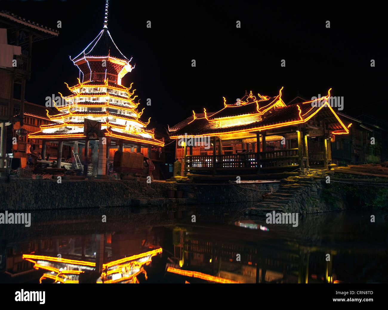 Village of Zhaoxing by night, Guizhou province - China Stock Photo - Alamy