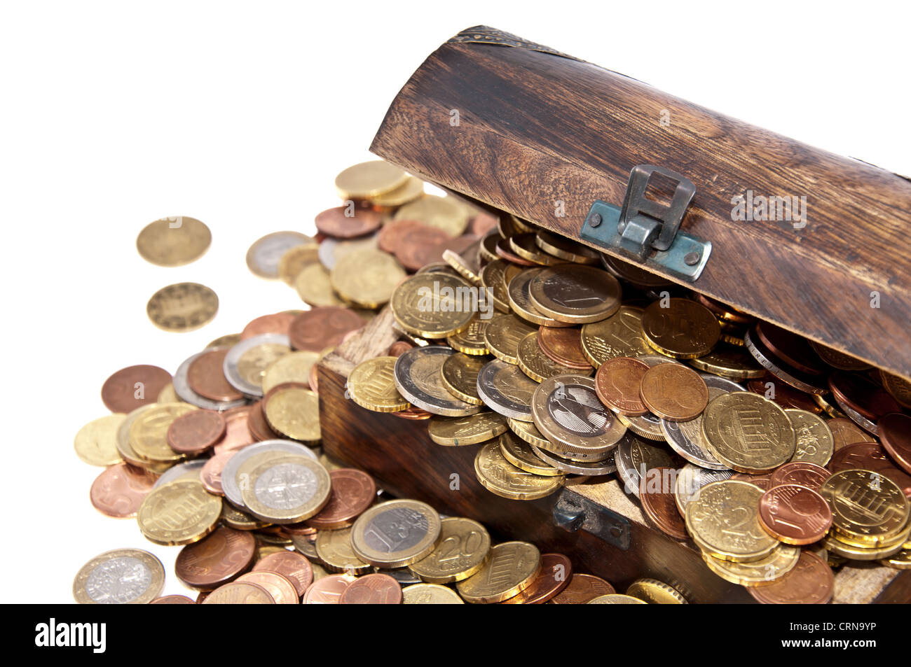 Wooden treasure box (macro view) with coins isolated on white ...