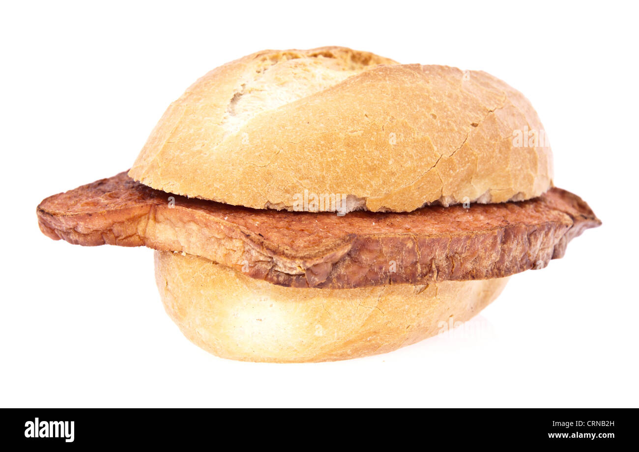 German meat loaf on a roll isolated on white background Stock Photo - Alamy