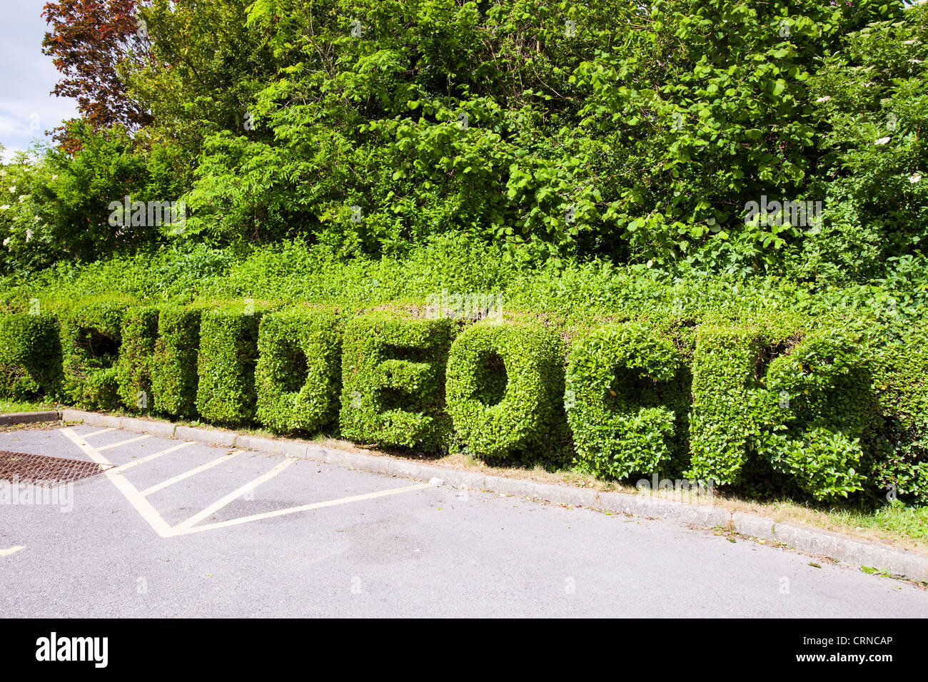 The village of Chideock in Dorset, with its name carved into a hedge ...