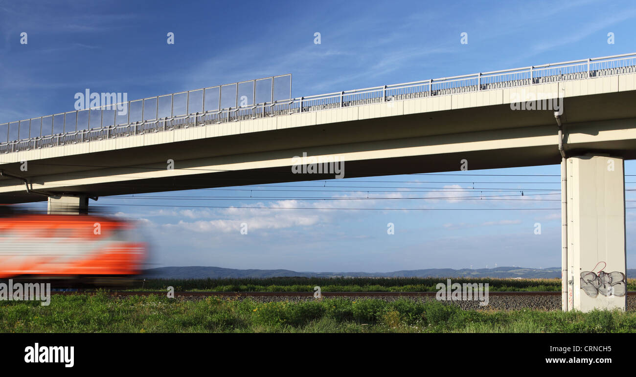 Fast train going fast under a bridge on a lovely summer day (motion ...