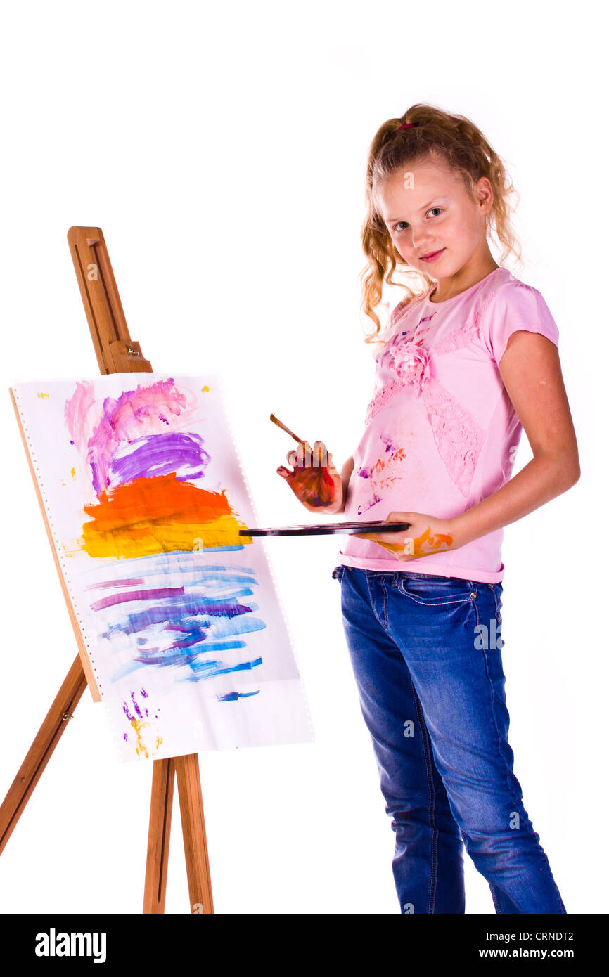 Beautiful little girl painting over white background Stock Photo - Alamy