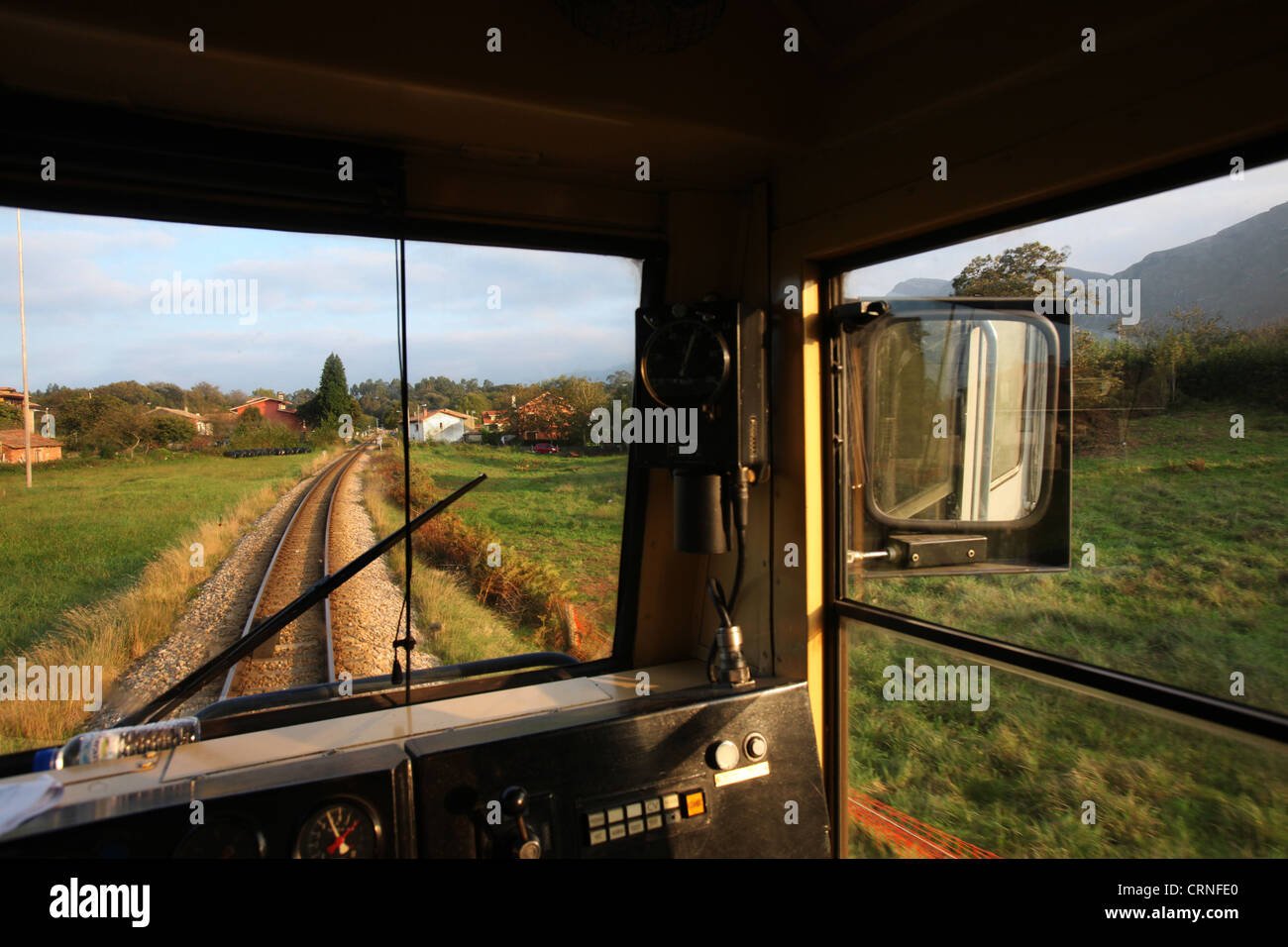 View from the train conducter cabin on the Transcantabrico train, which ...