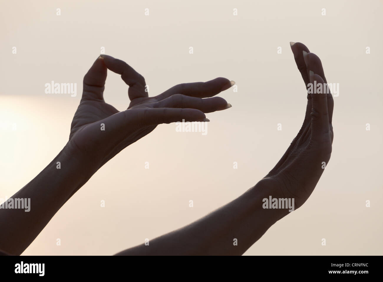 Detail of a female hand forming a Mudra gesture used in yoga practice ...