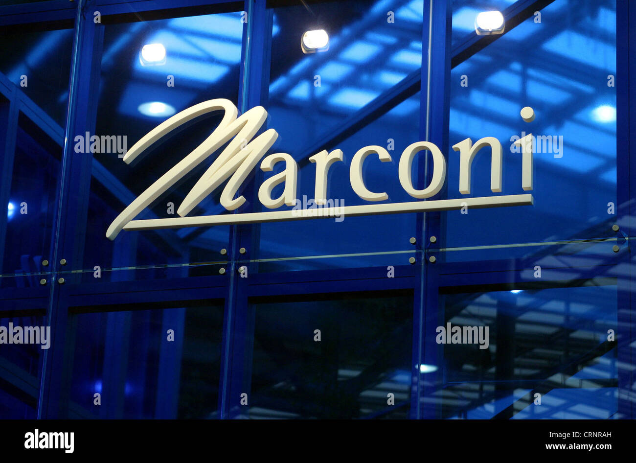 Marconi company logo at the CeBIT in Hanover Stock Photo - Alamy