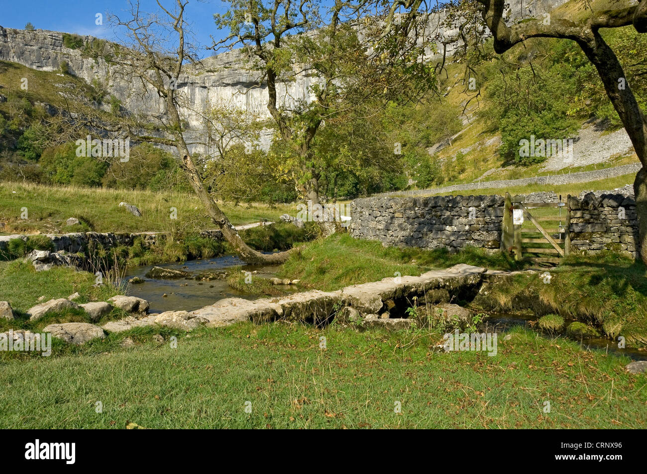Clapper bridge across Malham Beck with Malham Cove, a spectacular ...