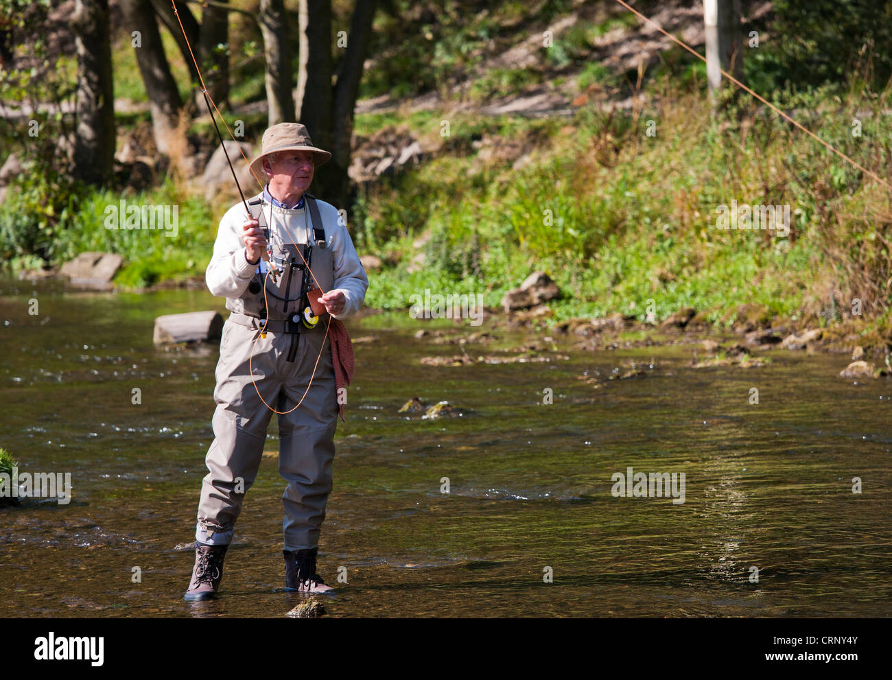 Fly fishing on the River Dove, Dovedale, Peak District, Derbyshire ...