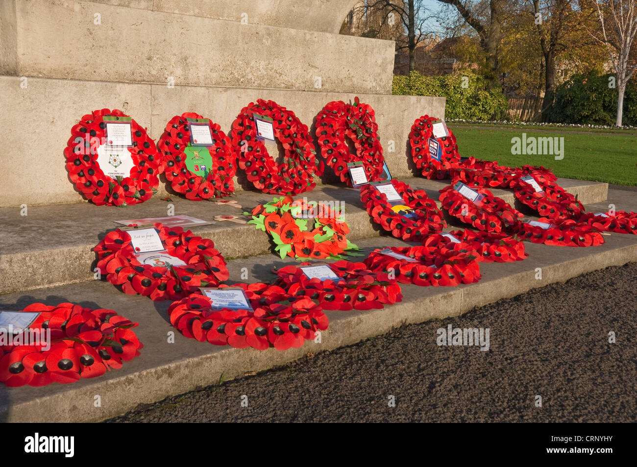 Poppy wreaths on the York City War Memorial in the Memorial Gardens ...