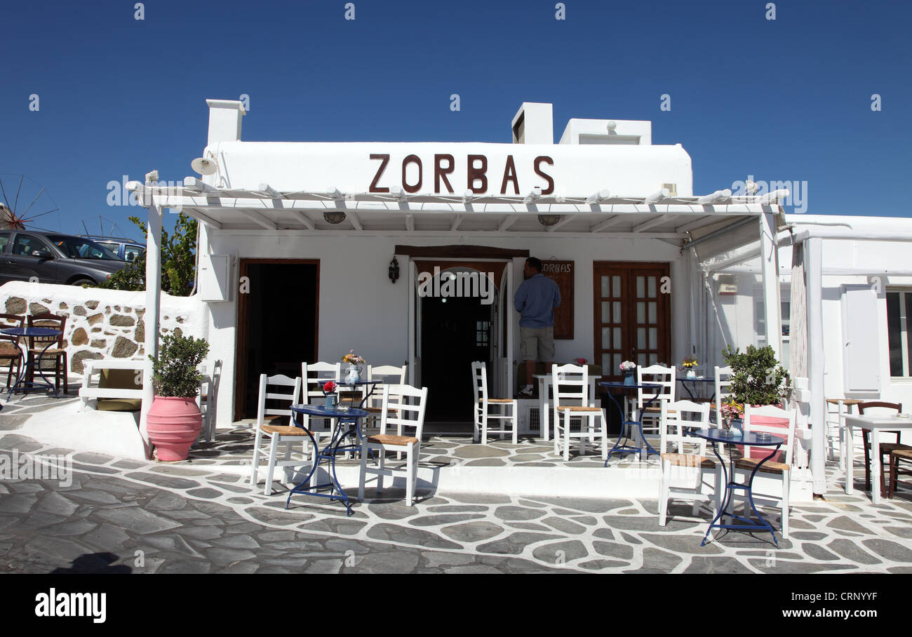Zorbas cafe, Mykonos, Greece Stock Photo - Alamy