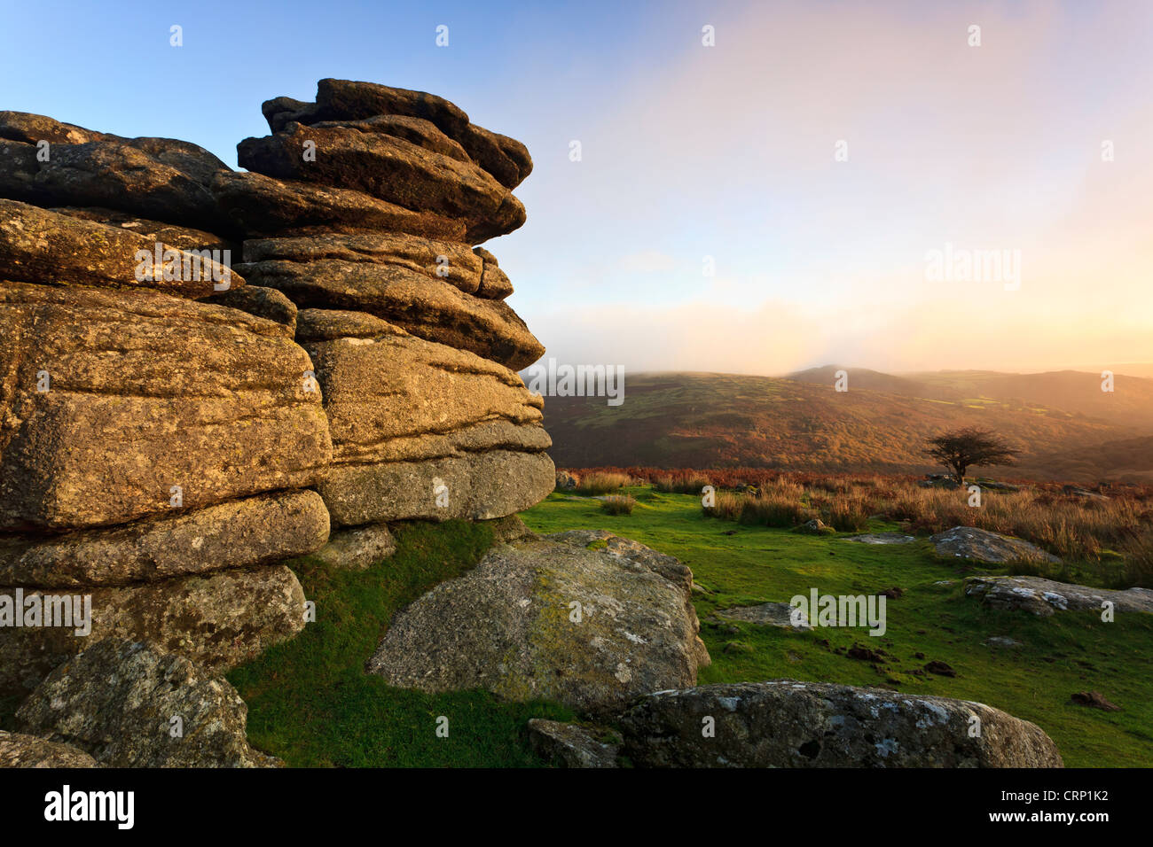 Early morning light on the granite outcrop of Combestone Tor in the ...