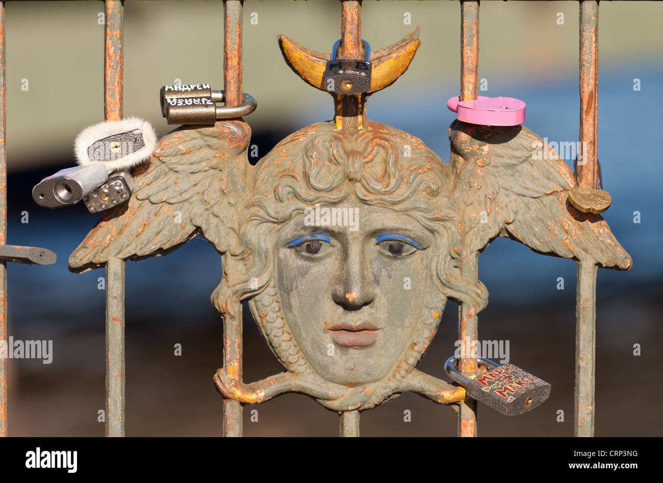 Mask of Medusa the Gorgon. Element of the Three-Arched Bridge railing ...