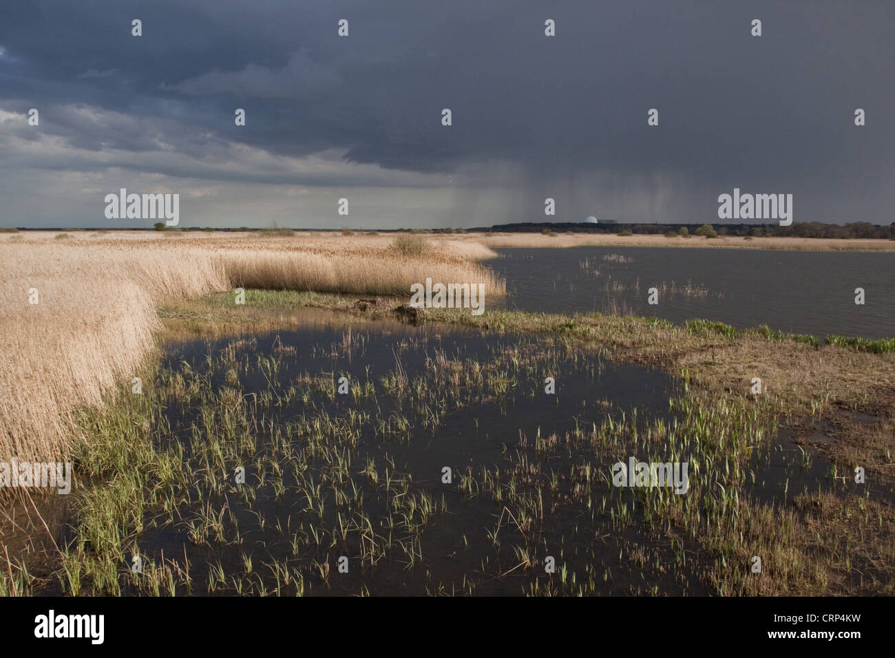 Looking south over storm clouds from Island Mere Hide at RSPB Minsmere ...