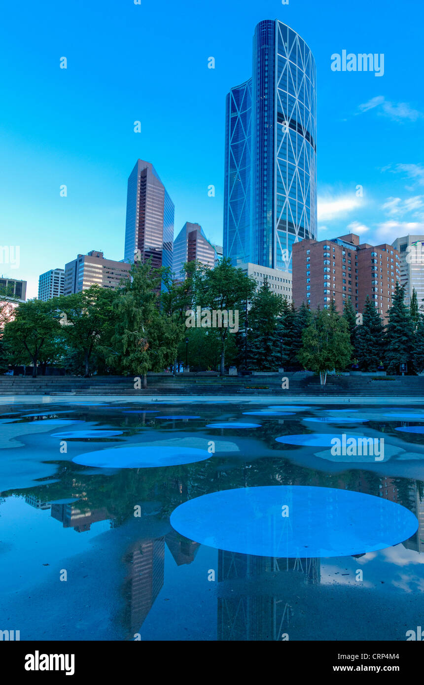 The Bow Tower reflected in Olympic Plaza pool, Calgary, Alberta, Canada ...