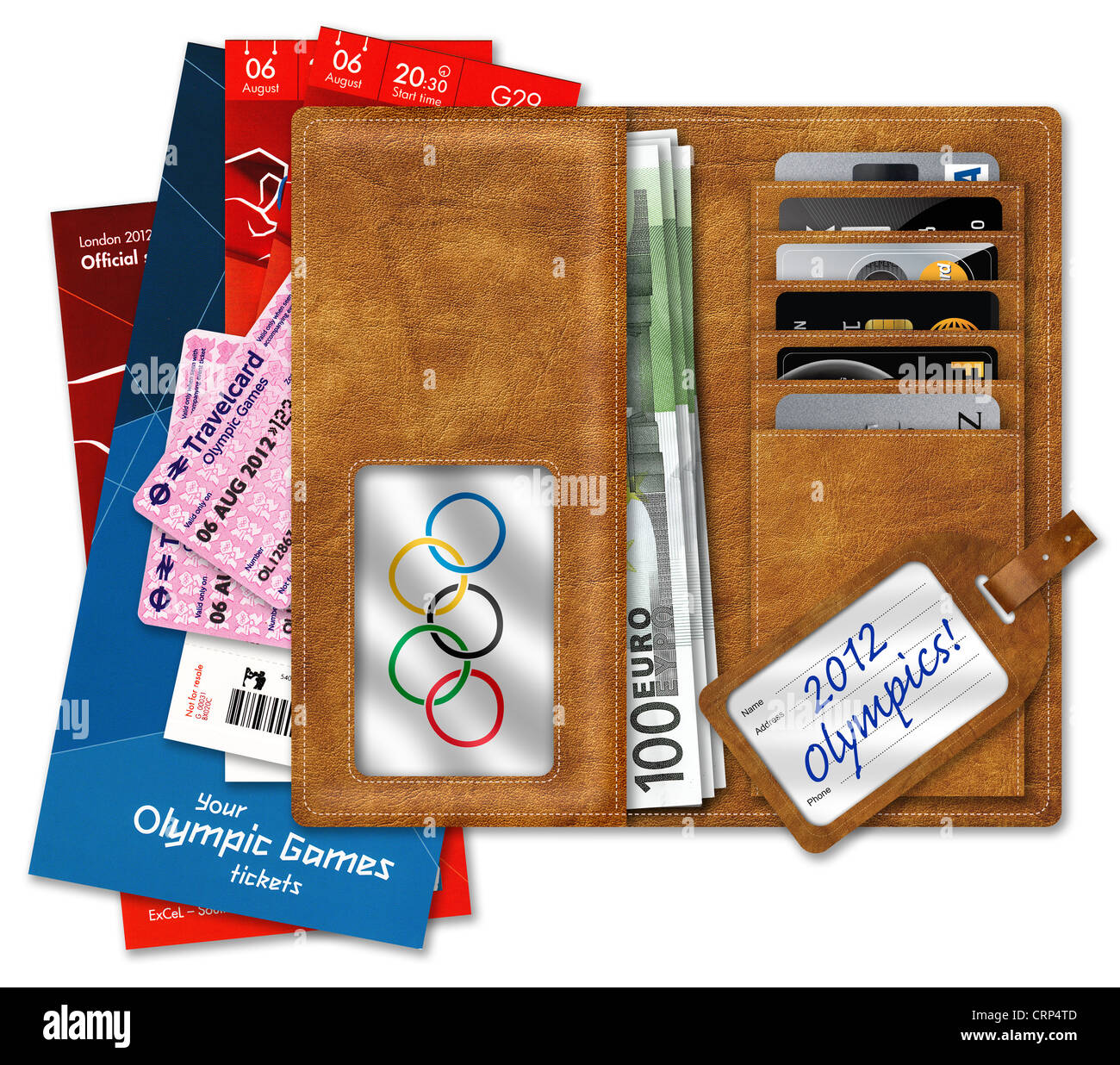 Olympic tickets & documents on wallet with Euros & credit cards, a ...