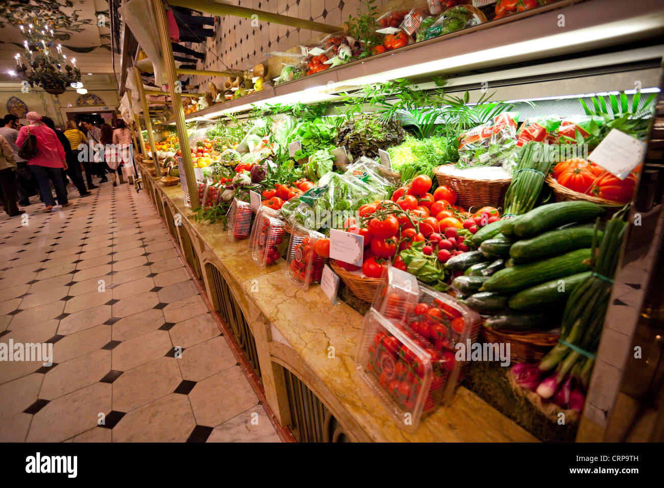 vegetable chiller in the food hall at Harrods, London, England, UK ...