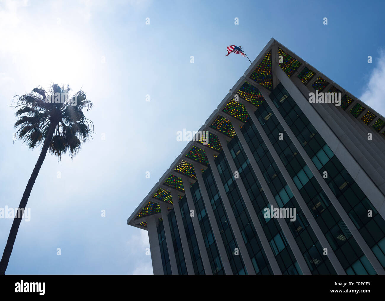 High rise offices with a stained glass detail on the corner of Wilshre ...