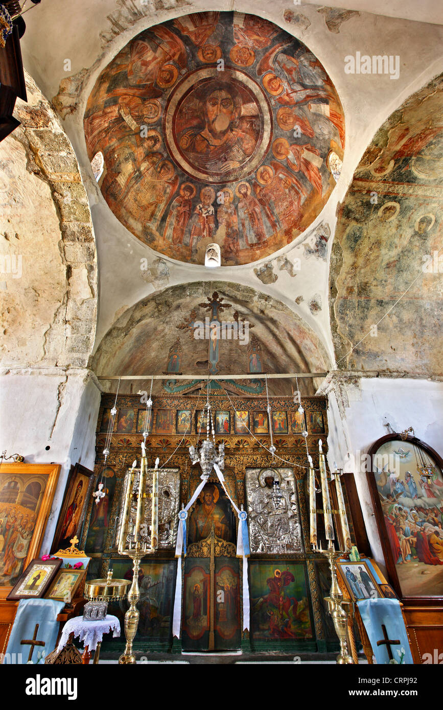 Inside the byzantine church of Panagia Protothroni in Chalki village ...