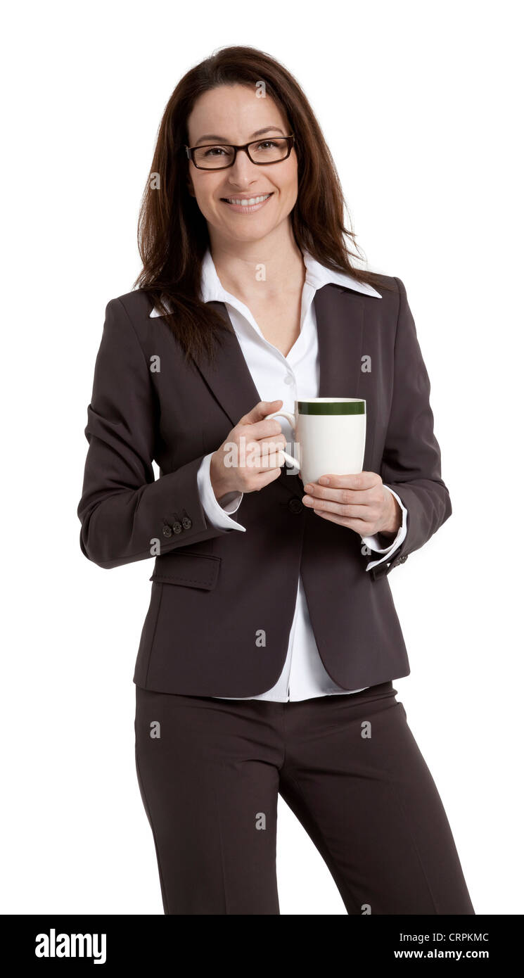 Pretty business woman standing, holding coffee mug, isolated on white ...