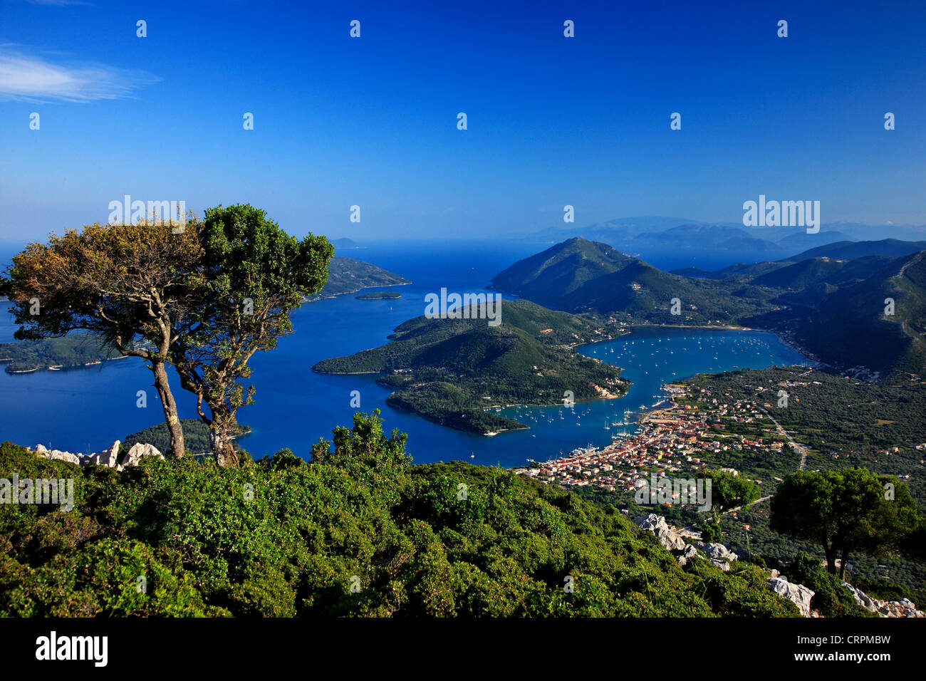 Panoramic view of Vlychos bay and Nydri town from Skaroi mountain ...