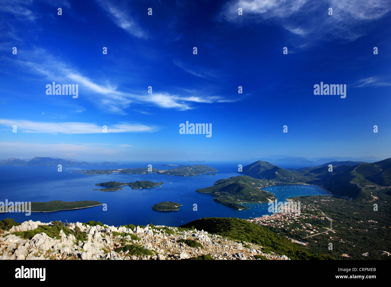 Panoramic view of Vlychos bay and Nydri town from Skaroi mountain ...