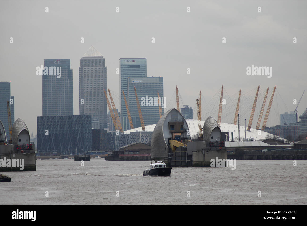 River Thames looking towards Greenwich Barrier, The O2 and Docklands ...