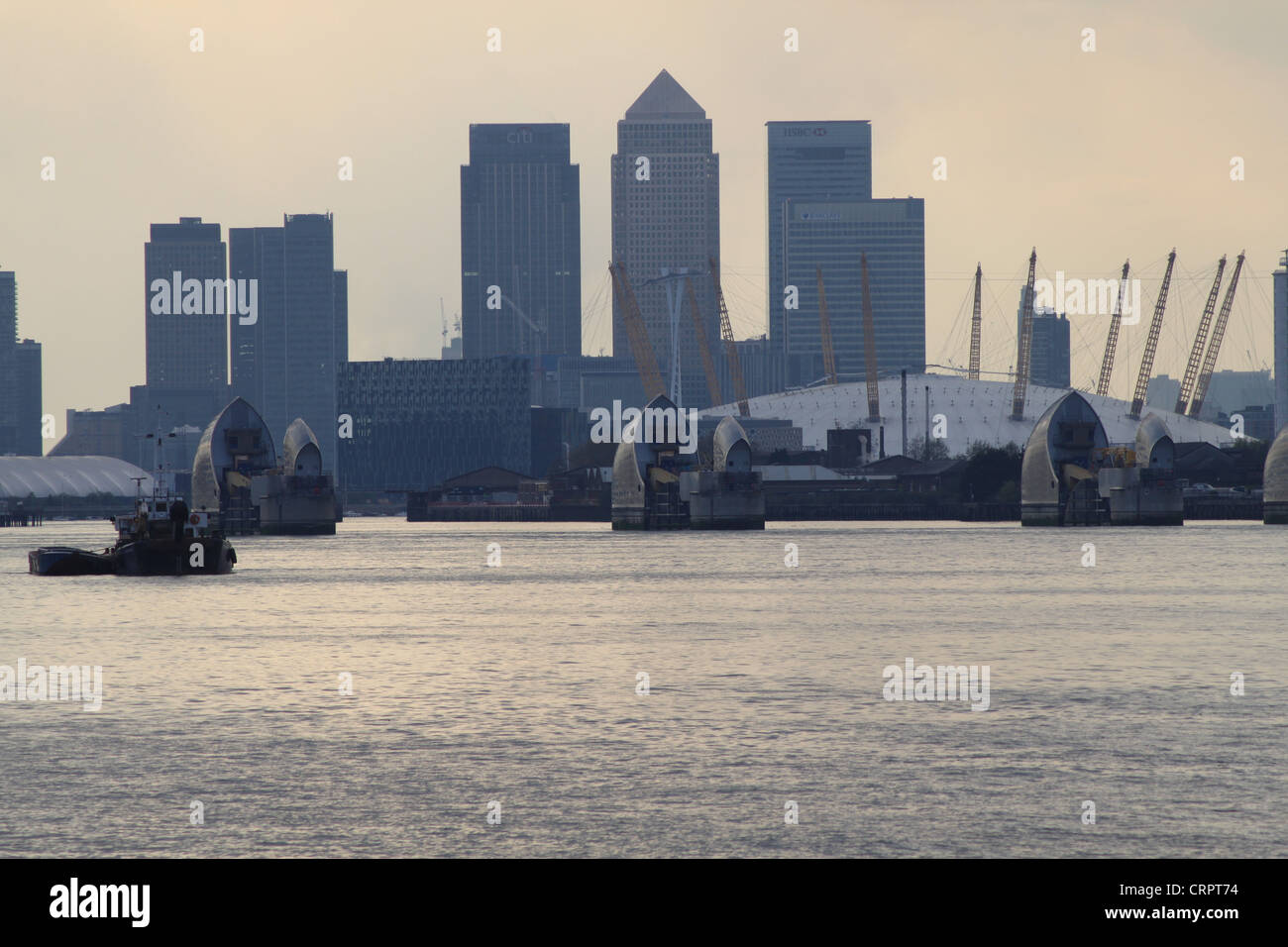 River Thames looking towards Greenwich Barrier, The O2 and Docklands ...