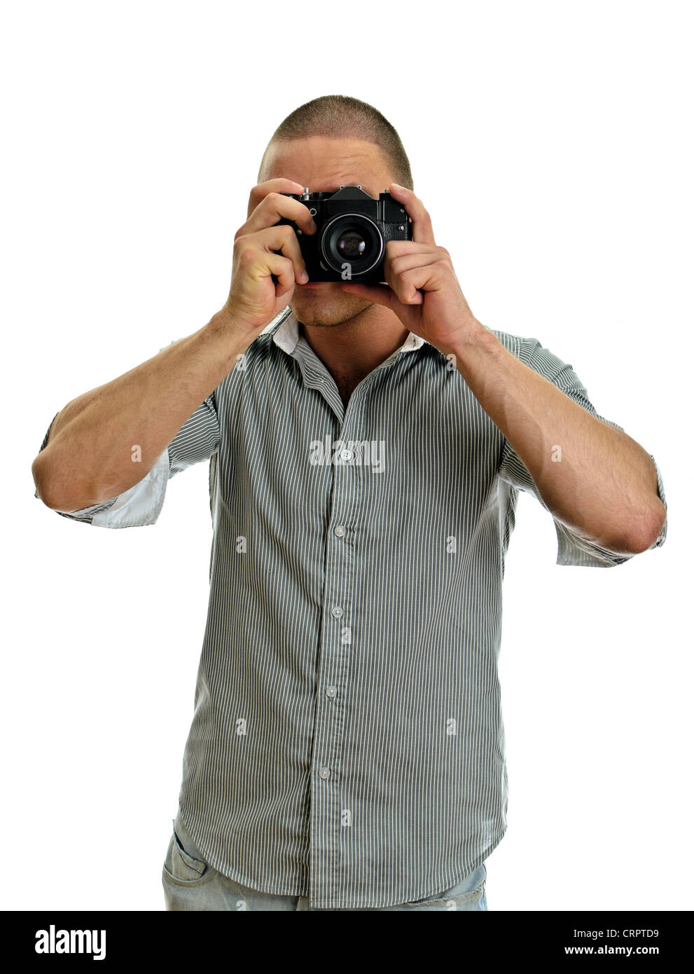 Man taking pictures with retro camera. Isolated on white Stock Photo ...