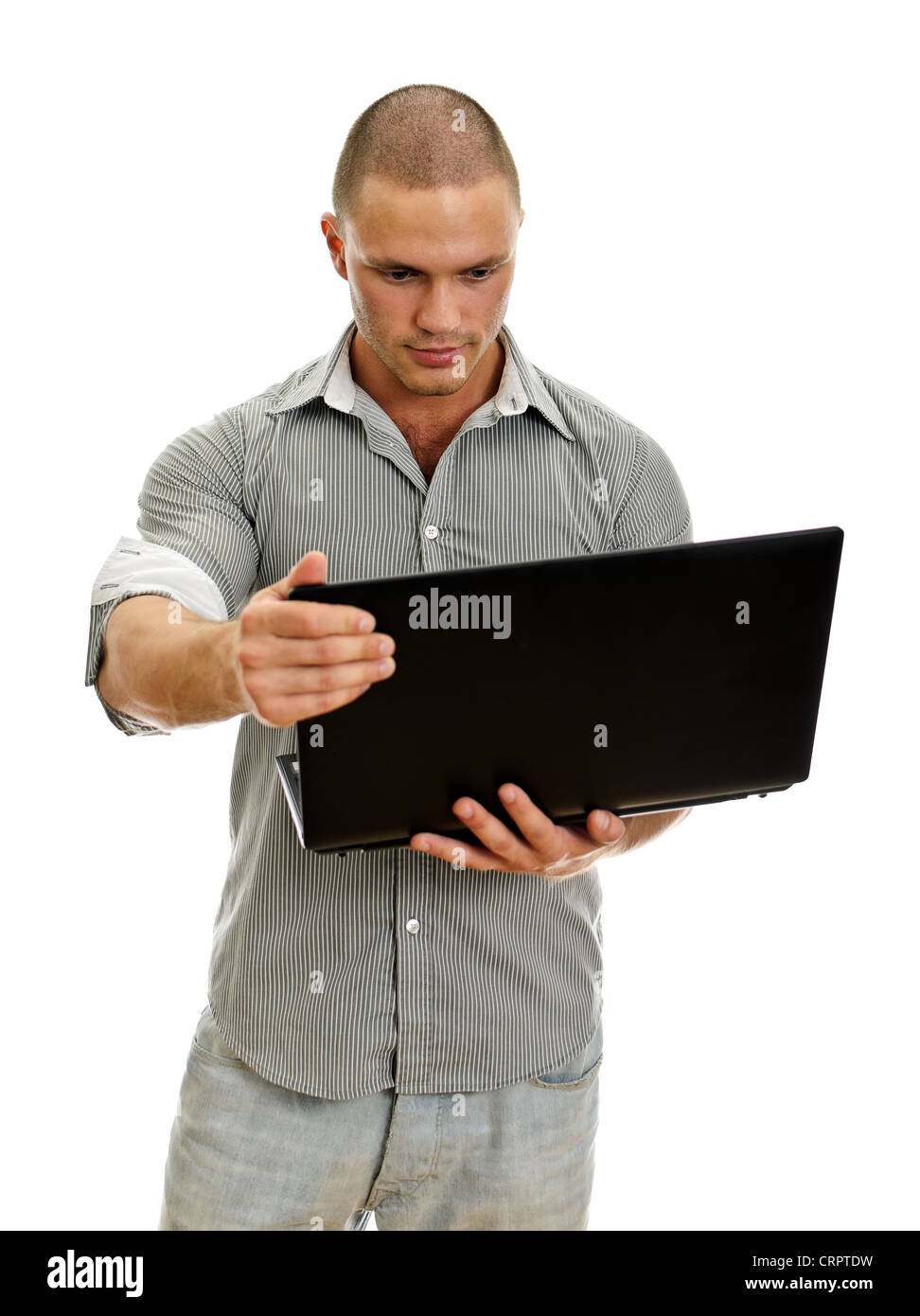 Young man with laptop. Isolated on white background Stock Photo - Alamy