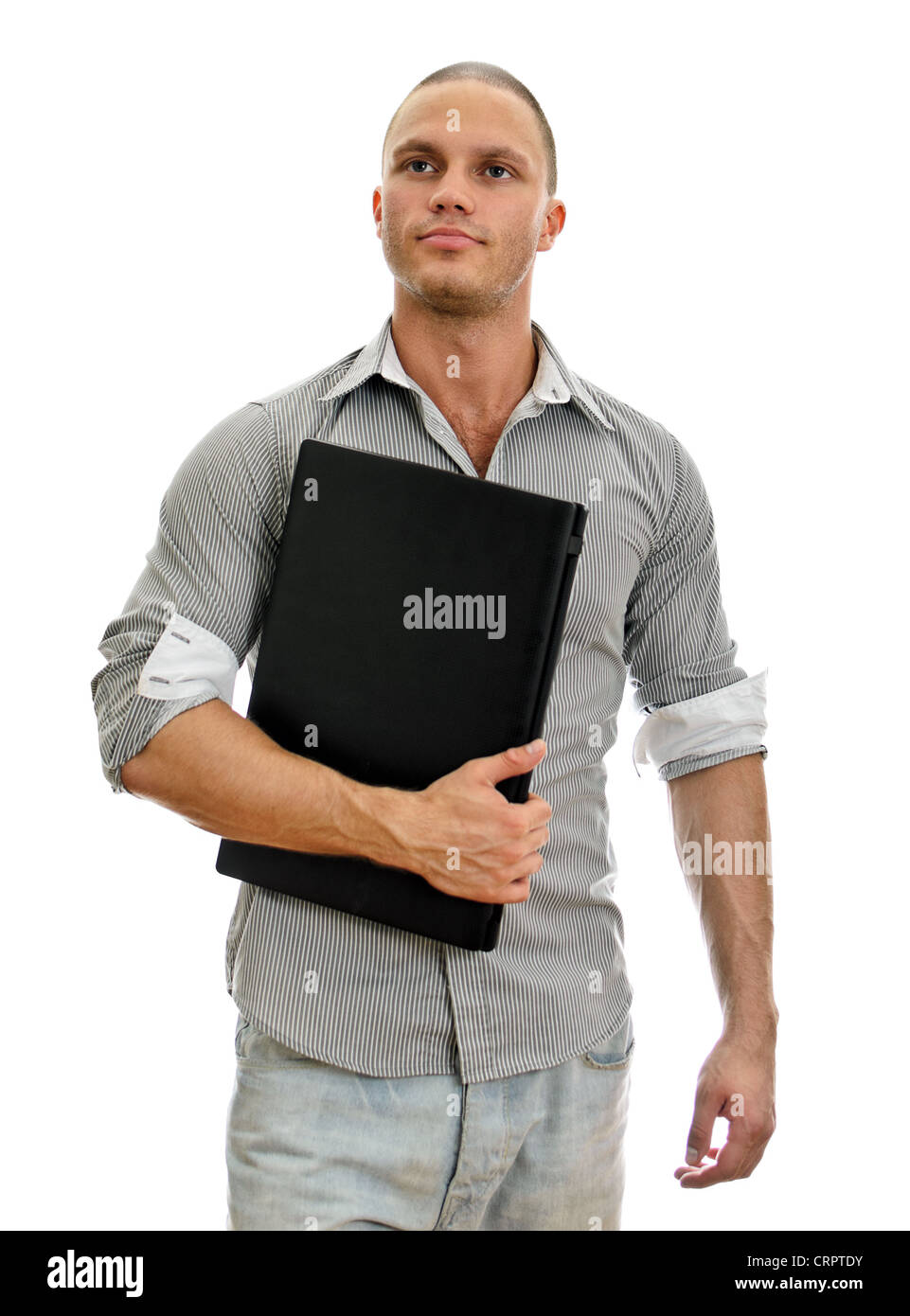 Young man with laptop. Isolated on white background Stock Photo - Alamy