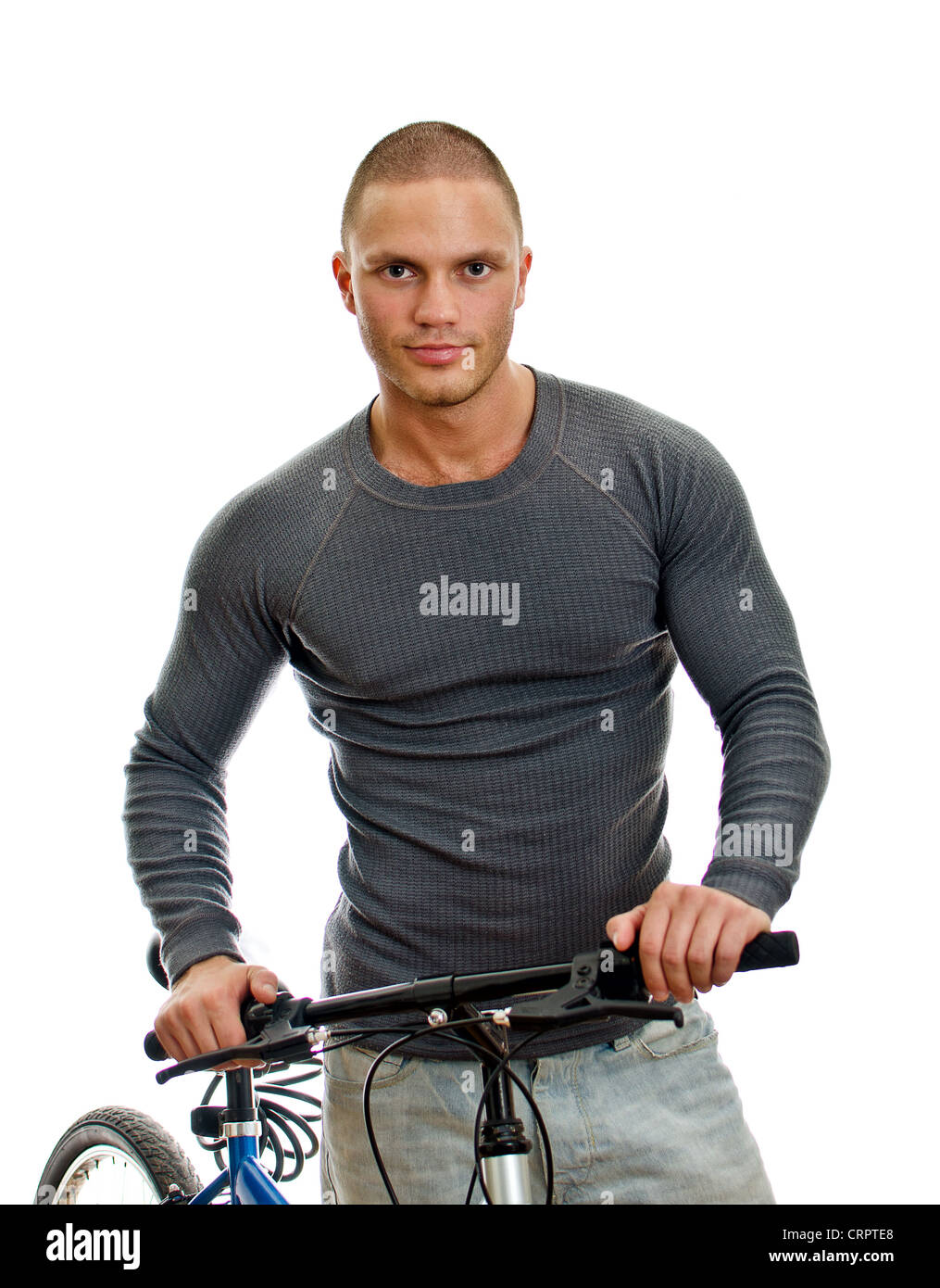 Sporty male with bicycle. Isolated on white Stock Photo - Alamy