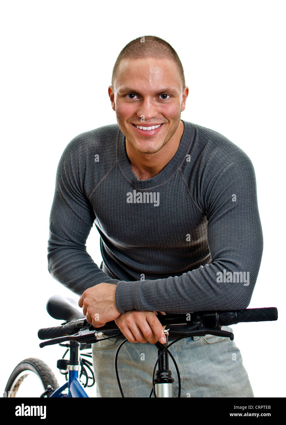 Sporty male with bicycle. Isolated on white Stock Photo - Alamy