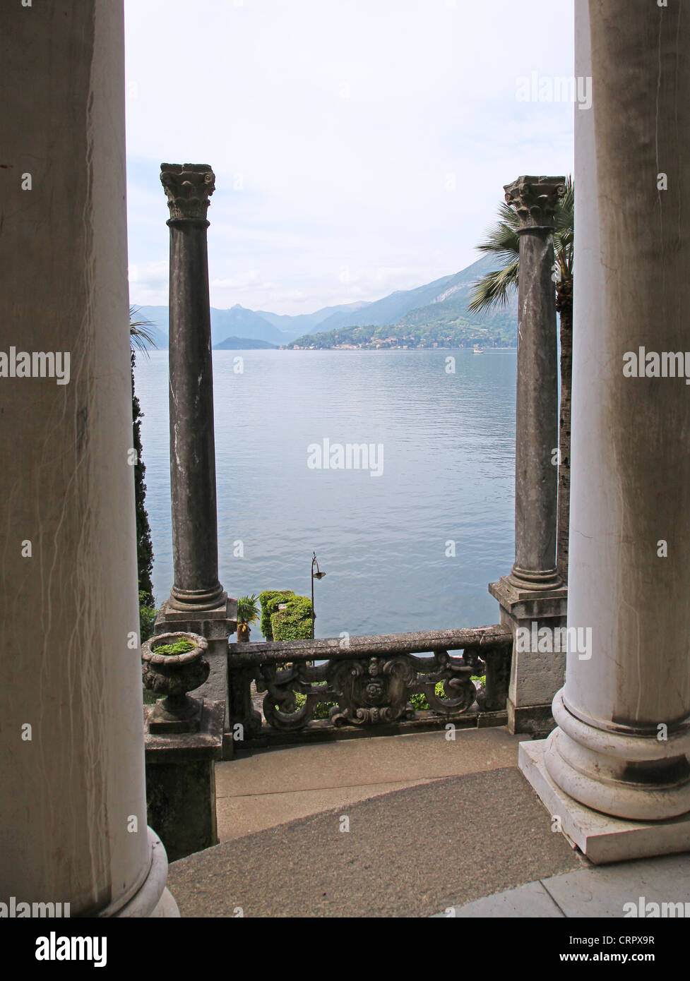 Stone pillars at the lakeside of the formal Italianate gardens of Villa ...