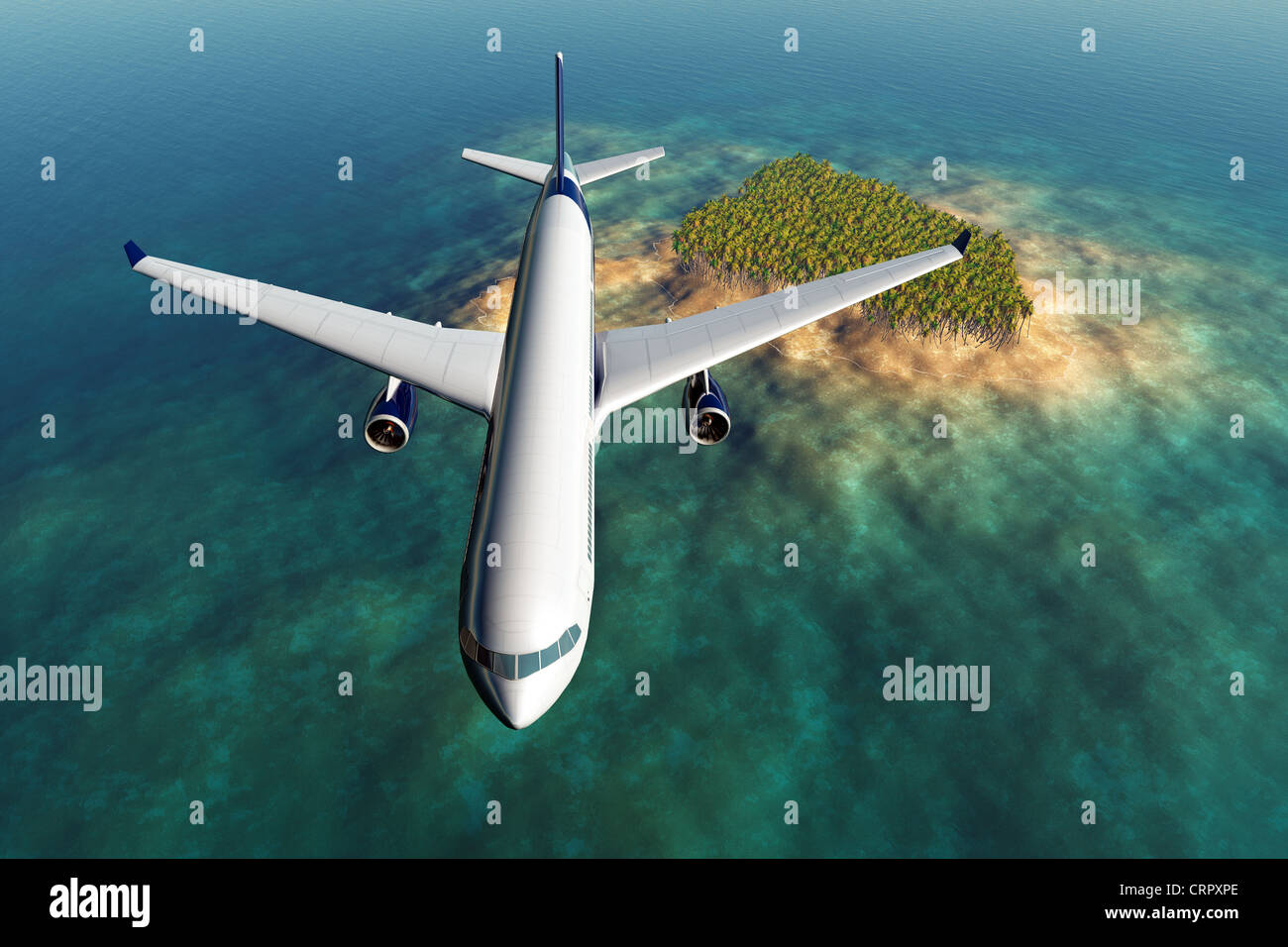 Airplane flying over a tropical island 3D render Stock Photo - Alamy