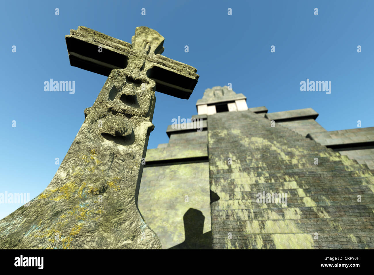 Maya Pyramids and Cross 3D render Stock Photo - Alamy