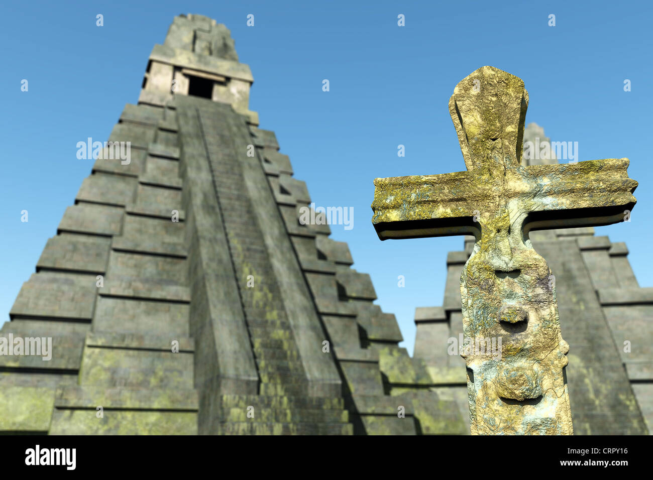 Maya Pyramids and Cross 3D render Stock Photo - Alamy
