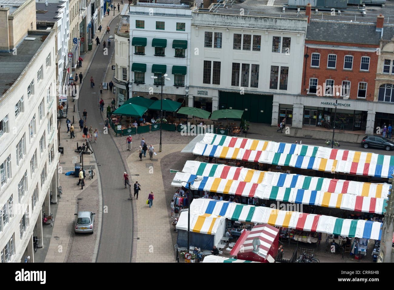 Cambridge Market Square UK aerial view showing colourful market stall ...