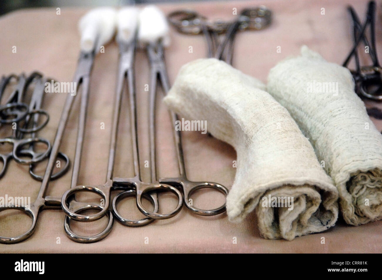 Surgical scissors, forceps and swabs on a medical tray, laid out and ...