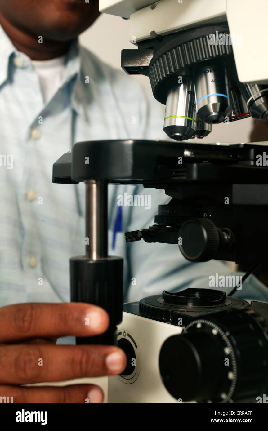 Close-up of a pathologist operating a microscope Stock Photo - Alamy