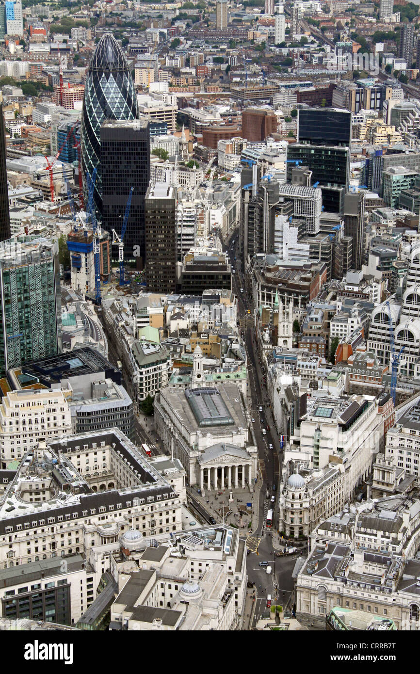 aerial view of the Royal Exchange, and Bank of England, looking up ...