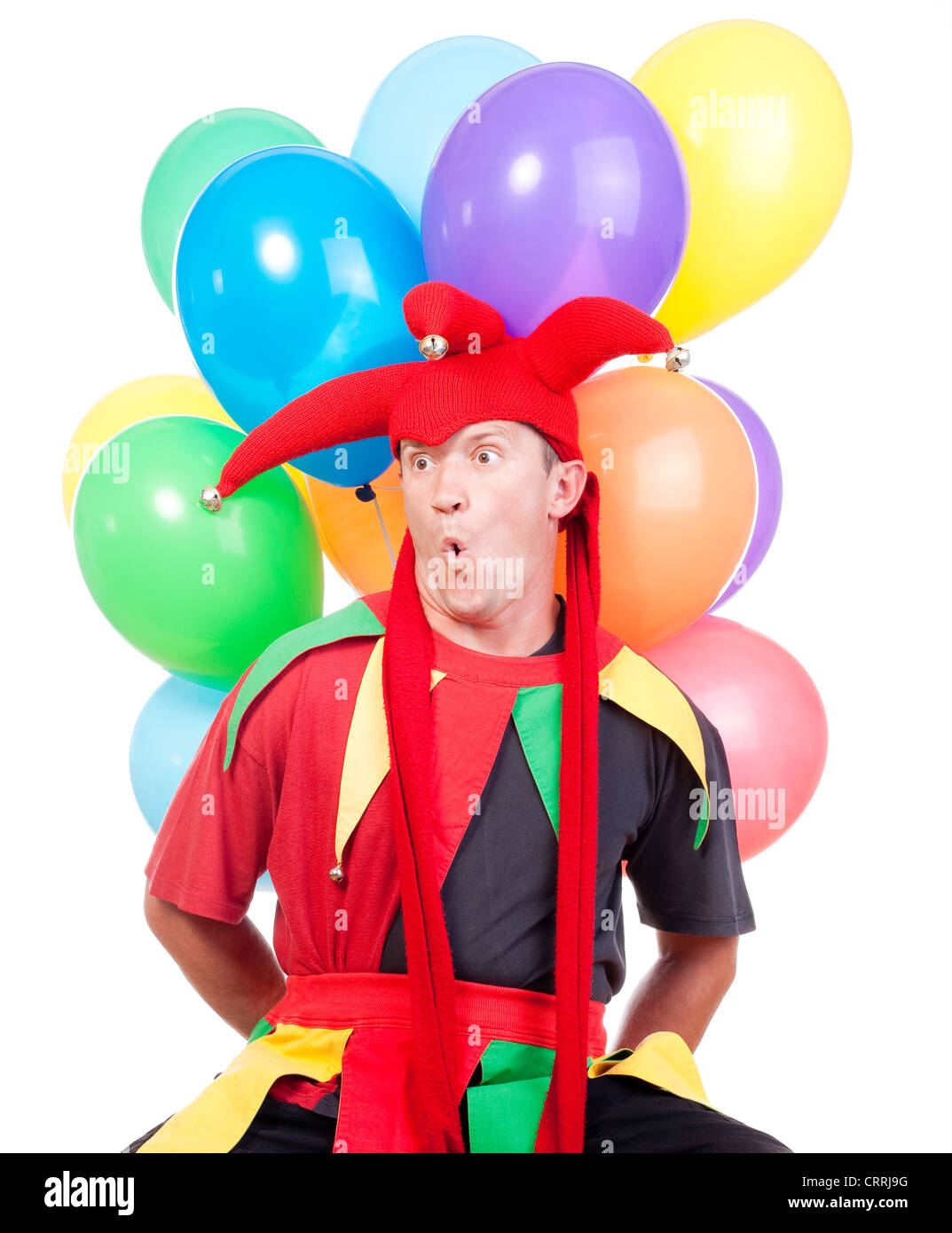 jester - entertaining figure in typical costume with colorful balloons ...
