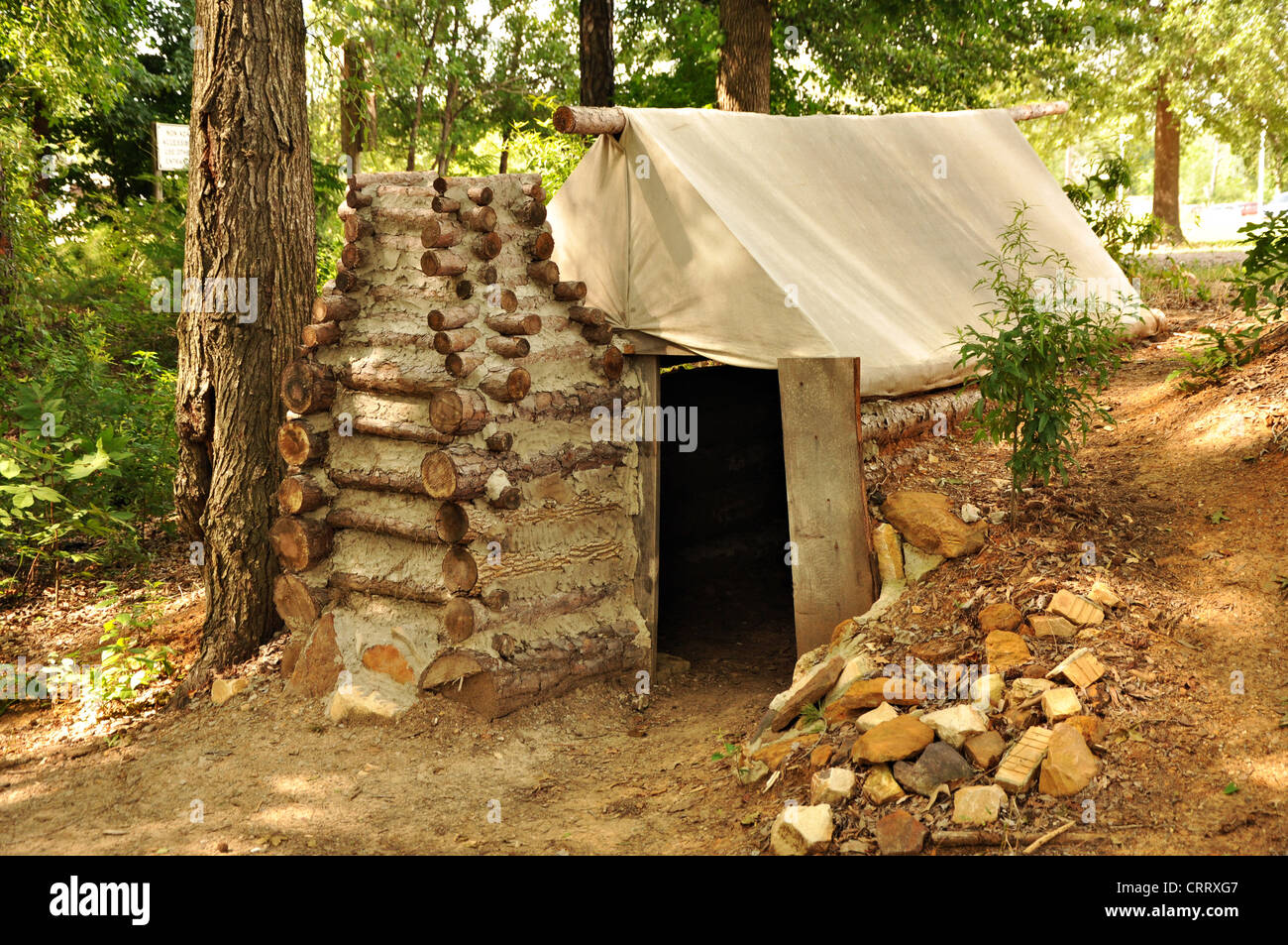 A reconstructed prisoner of war living quarters at Camp Ford ...