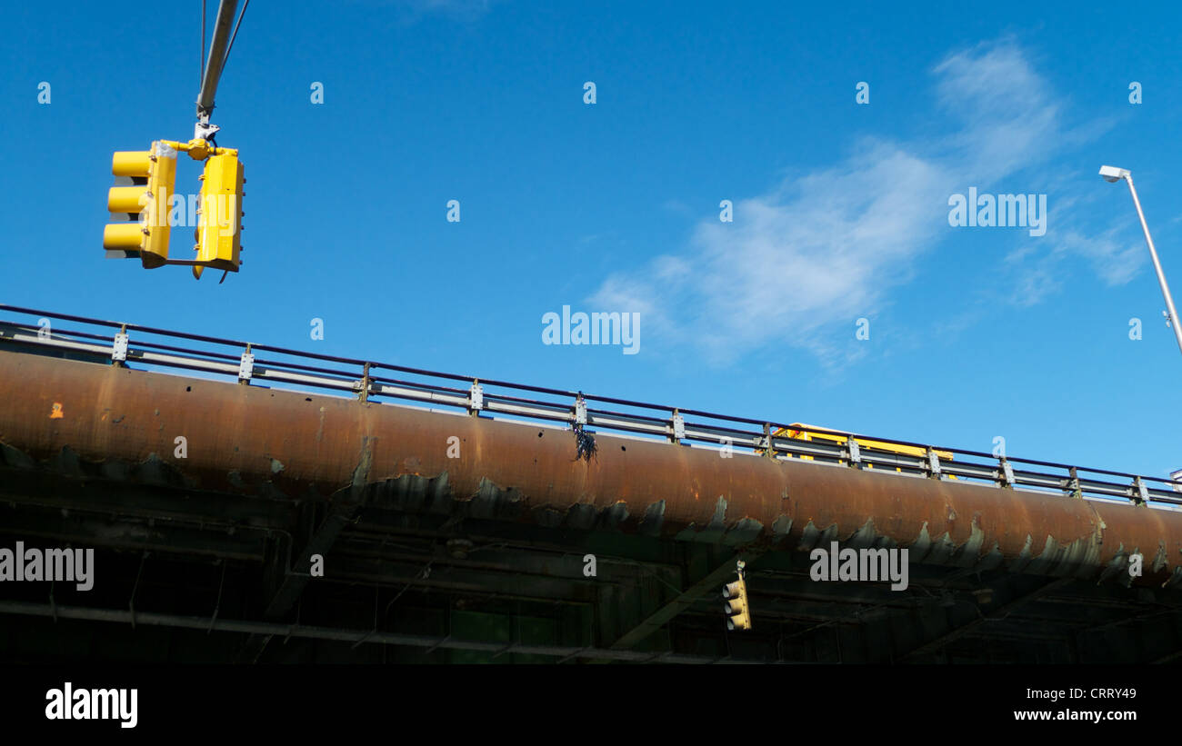 Low angle of Brooklyn-Queens Expressway elevated roadway, Red Hook ...