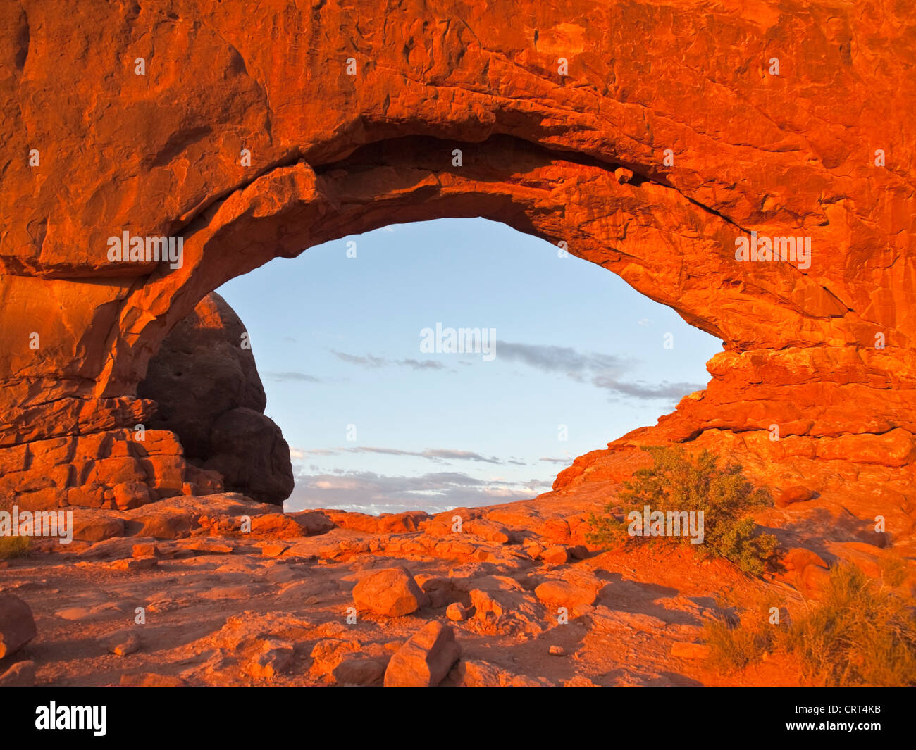 Warm sunset light on North Window Arch at Arches National Park Stock ...