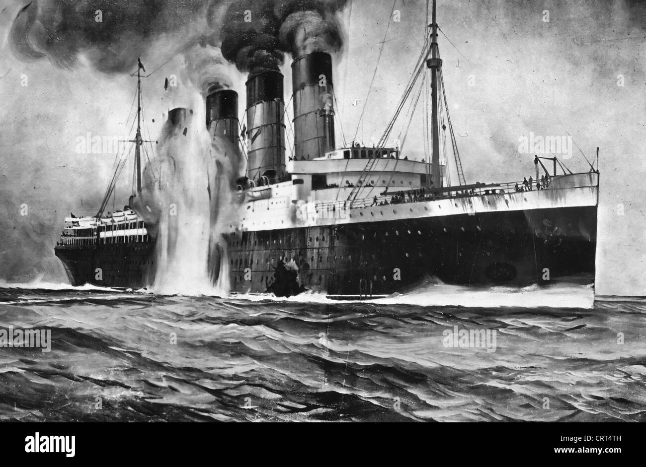 Drawing shows the R.M.S. Lusitania as a second torpedo hits behind a ...