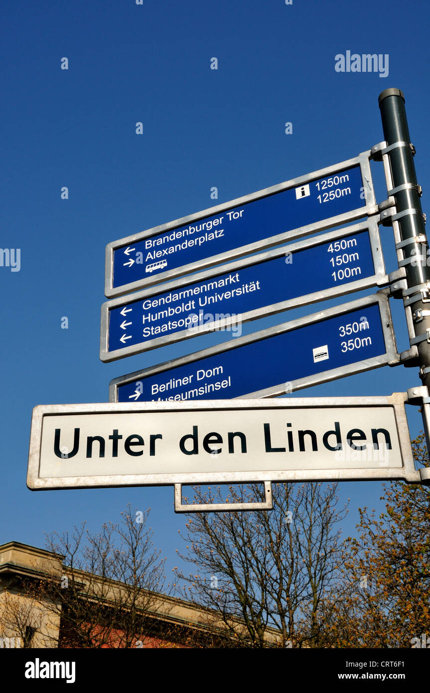 Berlin, Germany. Signpost on Unter den Linden with major tourist sights ...